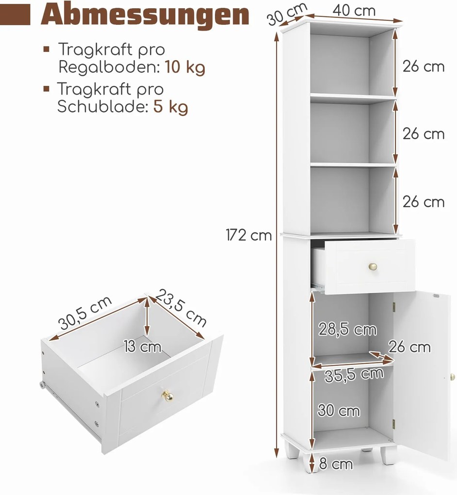 Costway 172 cm koupelnová skříňka úzká koupelnová s 3 otevřenými