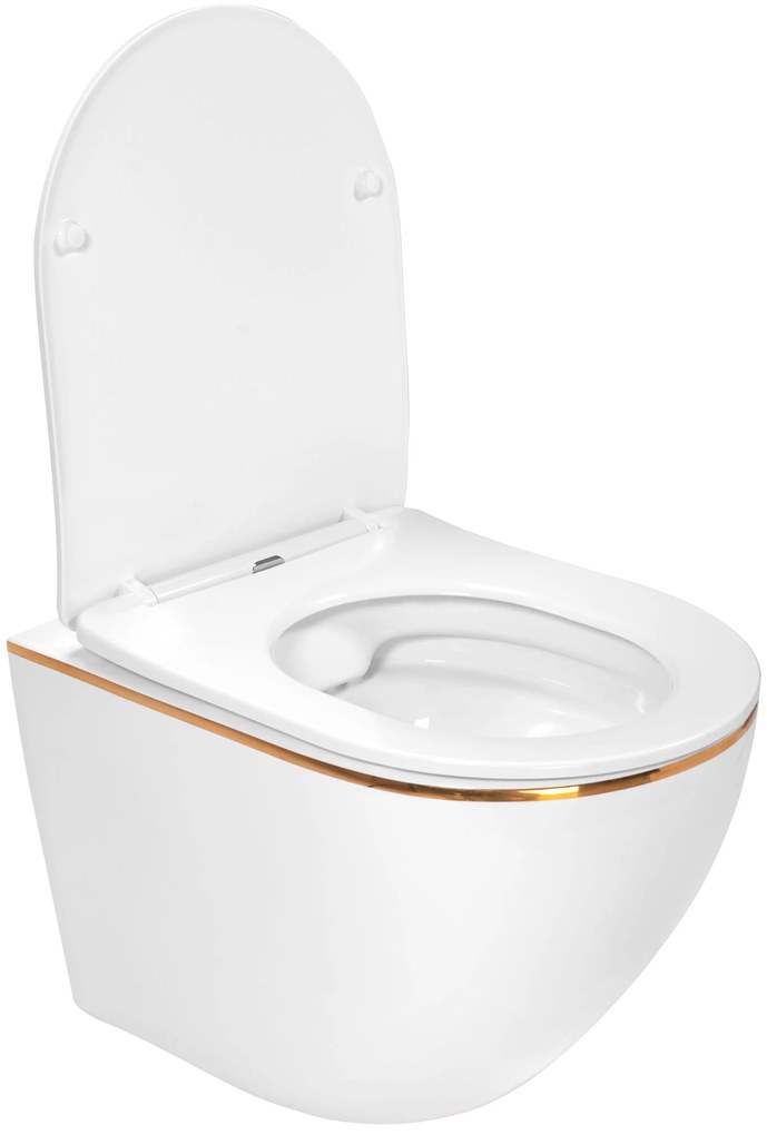 Rea CARLO mini - rimless závěsná WC mísa 49x37 s pomalu-padajícím sedátkem, bílá-zlatý okraj, REA-C1222