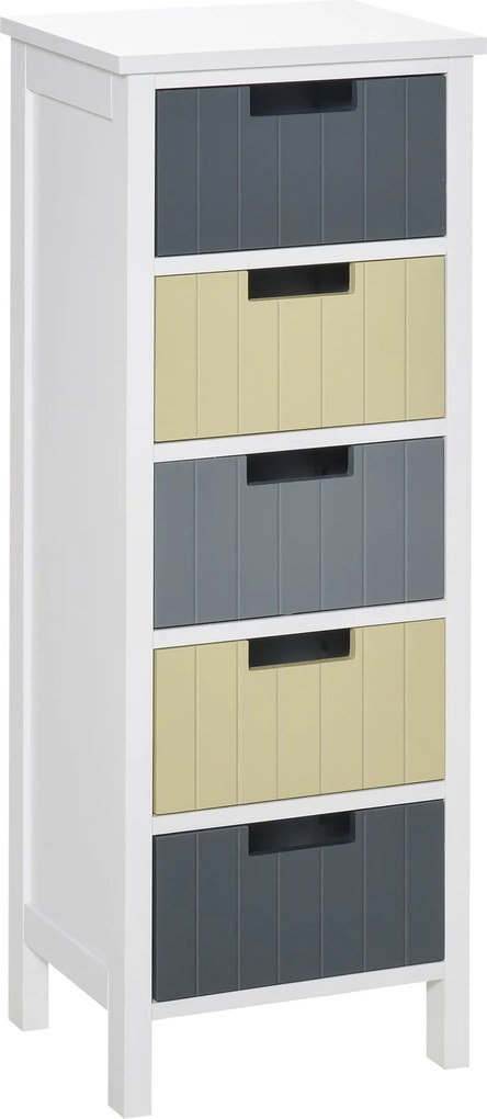 HOMCOM Dřevěná Komoda s 5 Zásuvkami, Noční Stolek se Zvednutými Nohami, Moderní Styl pro Ložnici, Obývací Pokoj, Koupelnu, 35x28x90.5 cm, Vícebarevná