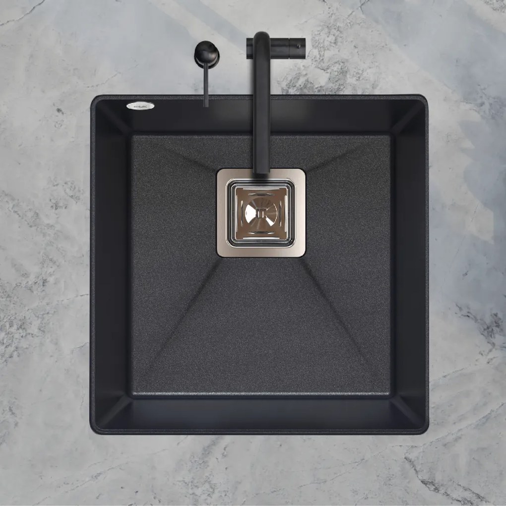 Sink Quality Argon 50, kuchyňský granitový dřez 420x420x225 mm + chromový sifon, černá skvrnitá-Brocade, SKQ-ARG.B.1KBO.50.X