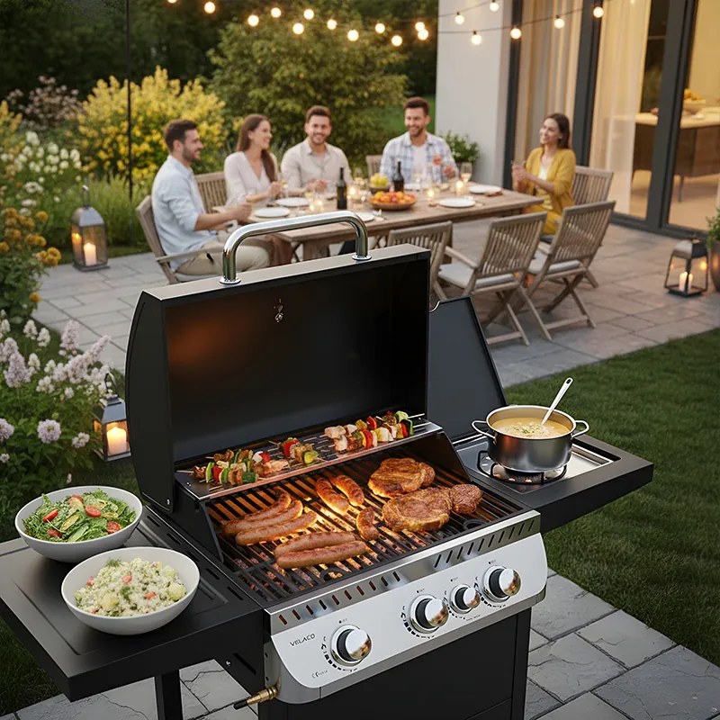 Velaco Plynový BBQ gril s boční plotýnkou, poličkou a krycí plachtou - APOLLO-B, 3+1 hořák
