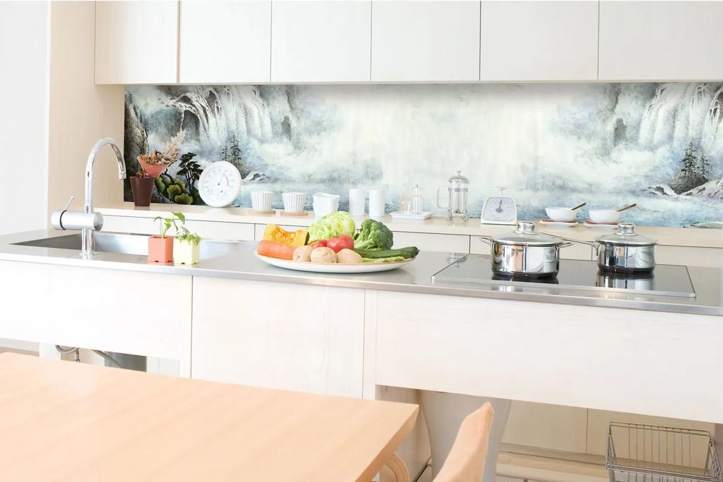 DIMEX | Fototapeta do kuchyně Malba vodopádu KI-350-190 | 350 x 60 cm | bílá, šedá, modrá