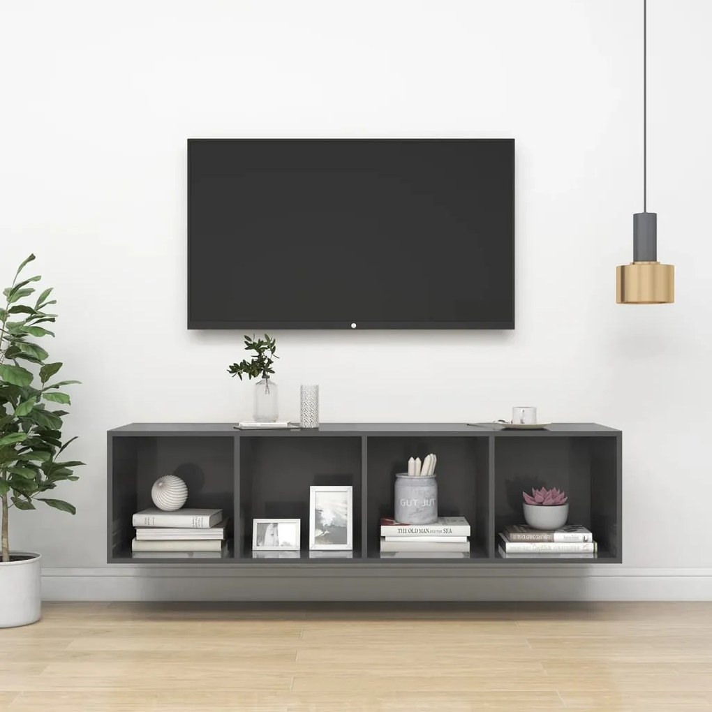Nástěnná TV skříňka šedá vysoký lesk 37x37x142,5 cm dřevotříska