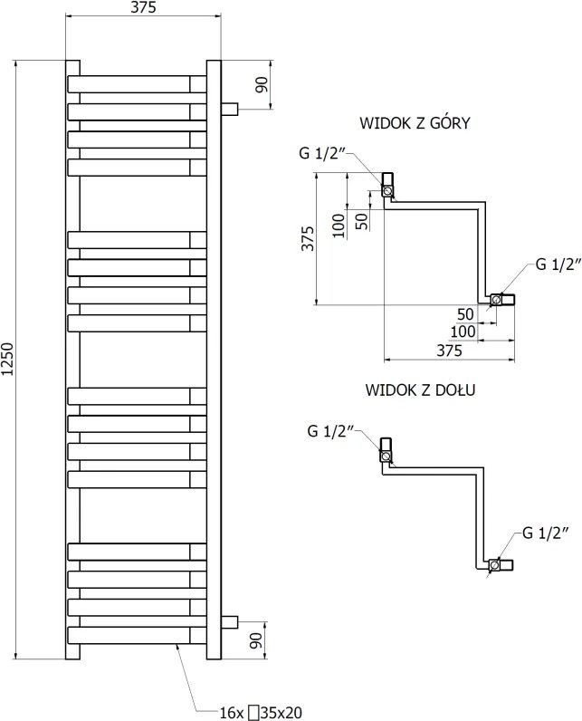 Mexen Loop, koupelnový radiátor 1250 x 375 mm, 666 W, černá, W129-1250-350-00-70