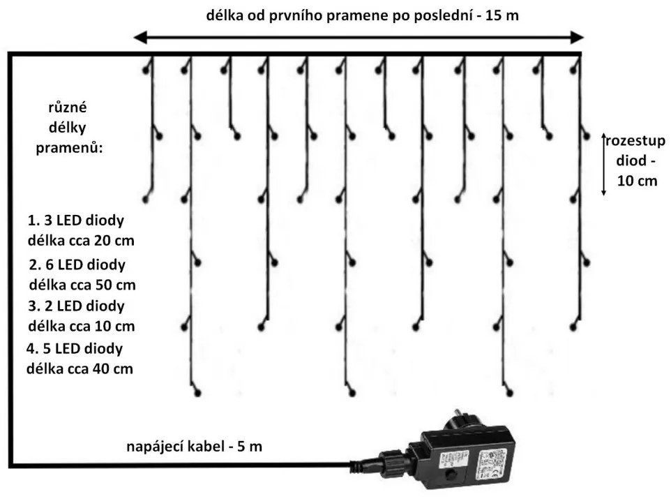 VOLTRONIC® 59796 Vánoční světelný déšť 600 LED studená bílá - 15 m + ovladač