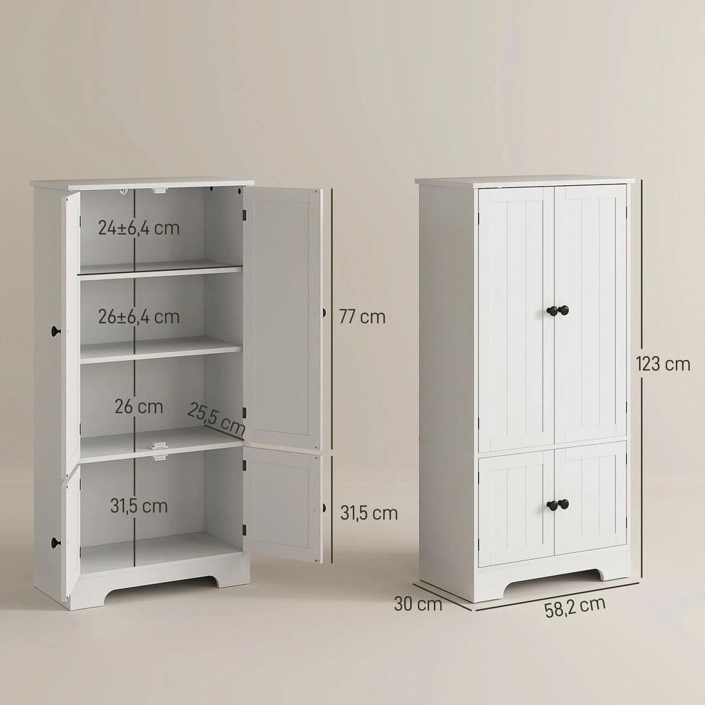 HOMCOM Kuchyňský K cabinet s Úložným Prostorem a Nastavitelnými Policemi pro Jídelnu a Obývací Pokoj, 58,2 x 30 x 123 cm, bílý