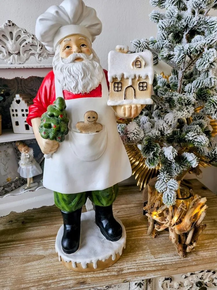 Vánoční dekorace socha Santa kuchař s perníkovou chaloupkou - 26*20*59 cm