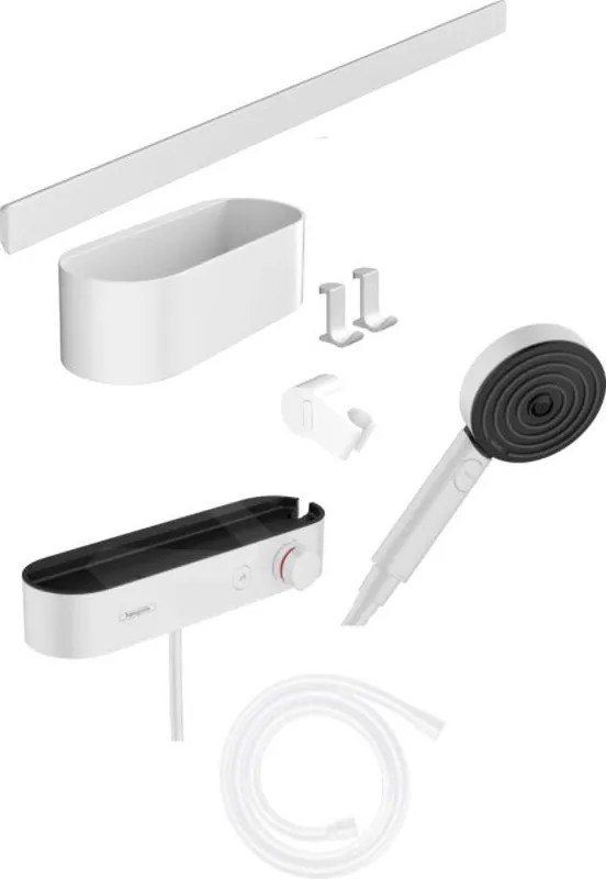 Hansgrohe WallStoris, Set sprchové hlavice 105, 3 proudy, termostatu a koupelnových doplňků, matná bílá 24250700