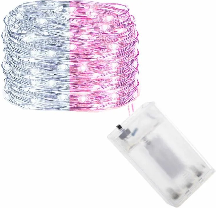 LED řetěz Nano Duo - 10m, 100LED, 3xAA, bílá/růžová