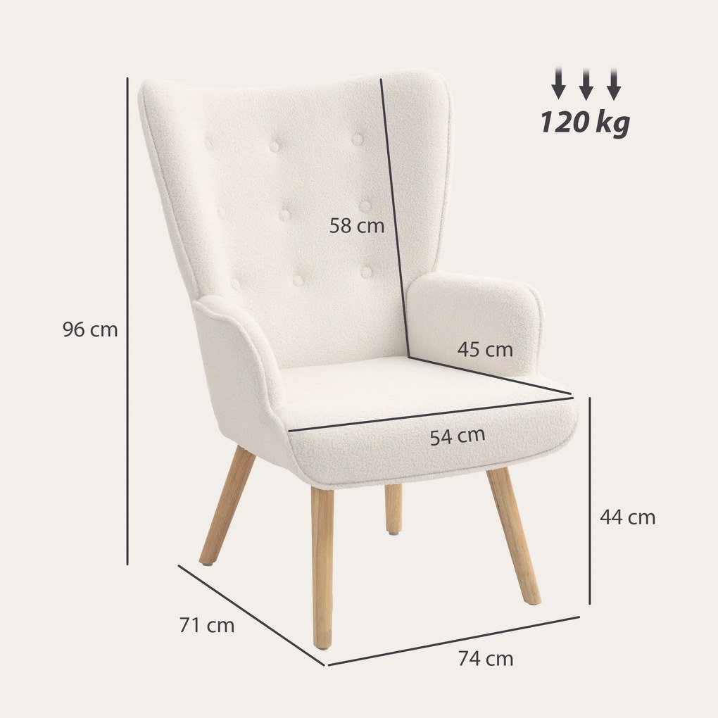 HOMCOM Boucle Fabric Lounge Chair, Moderní Čalouněné Křeslo s Dřevěnými Nohami, Ergonomický Křídlatý Design s Knoflíkovým Prošíváním, pro Jídelnu, Ob…