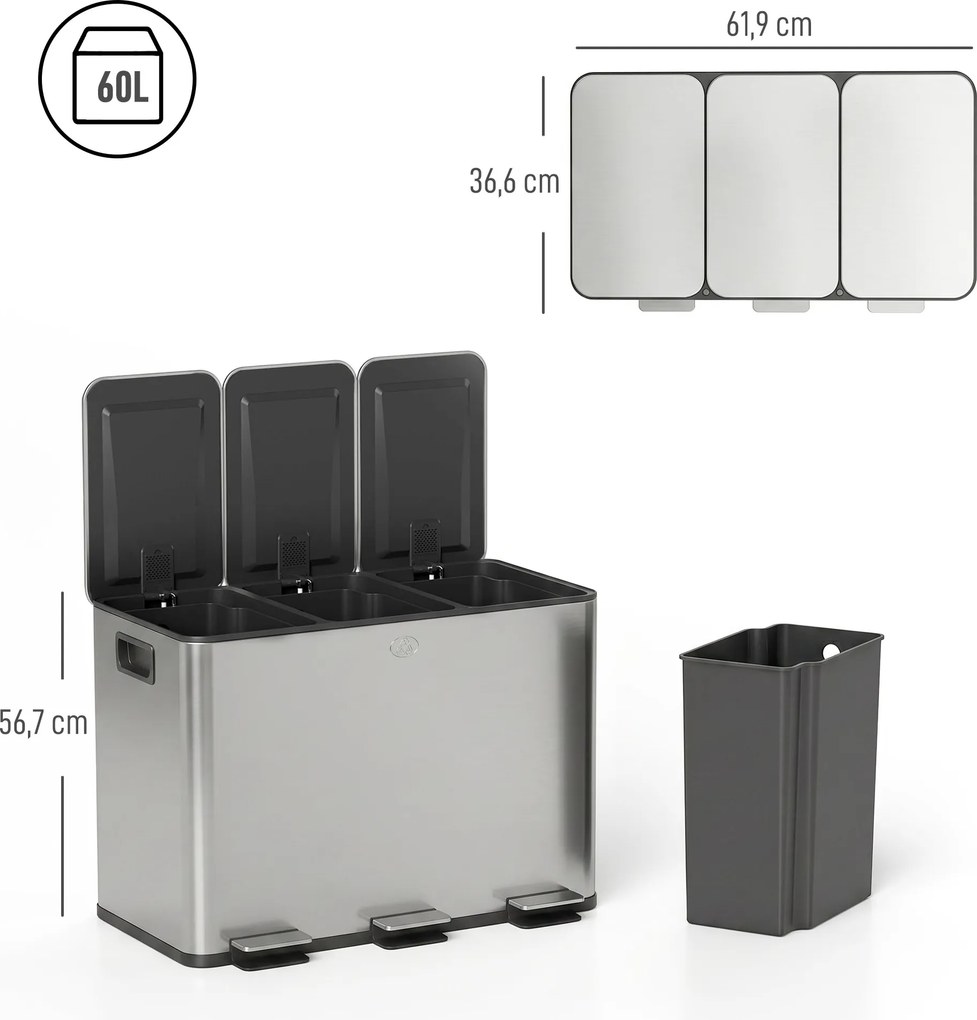 HOMCOM 3-komorový 20L kuchyňský pedálový koš se 3 tiše zavírajícími víky z nerezové oceli a PP, 61,9 x 36,6 x 56,7 cm, Stříbrná