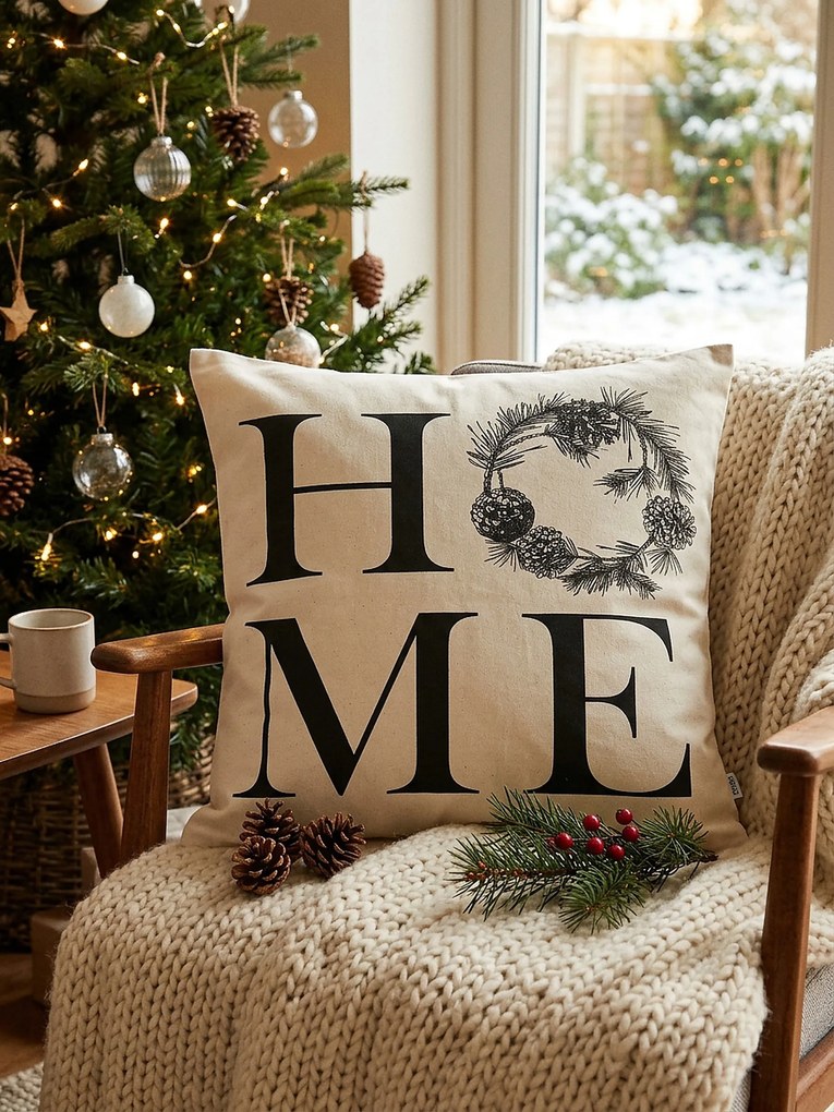 Sinsay - Vánoční povlak na polštář s nápisem „Home“ - krémová