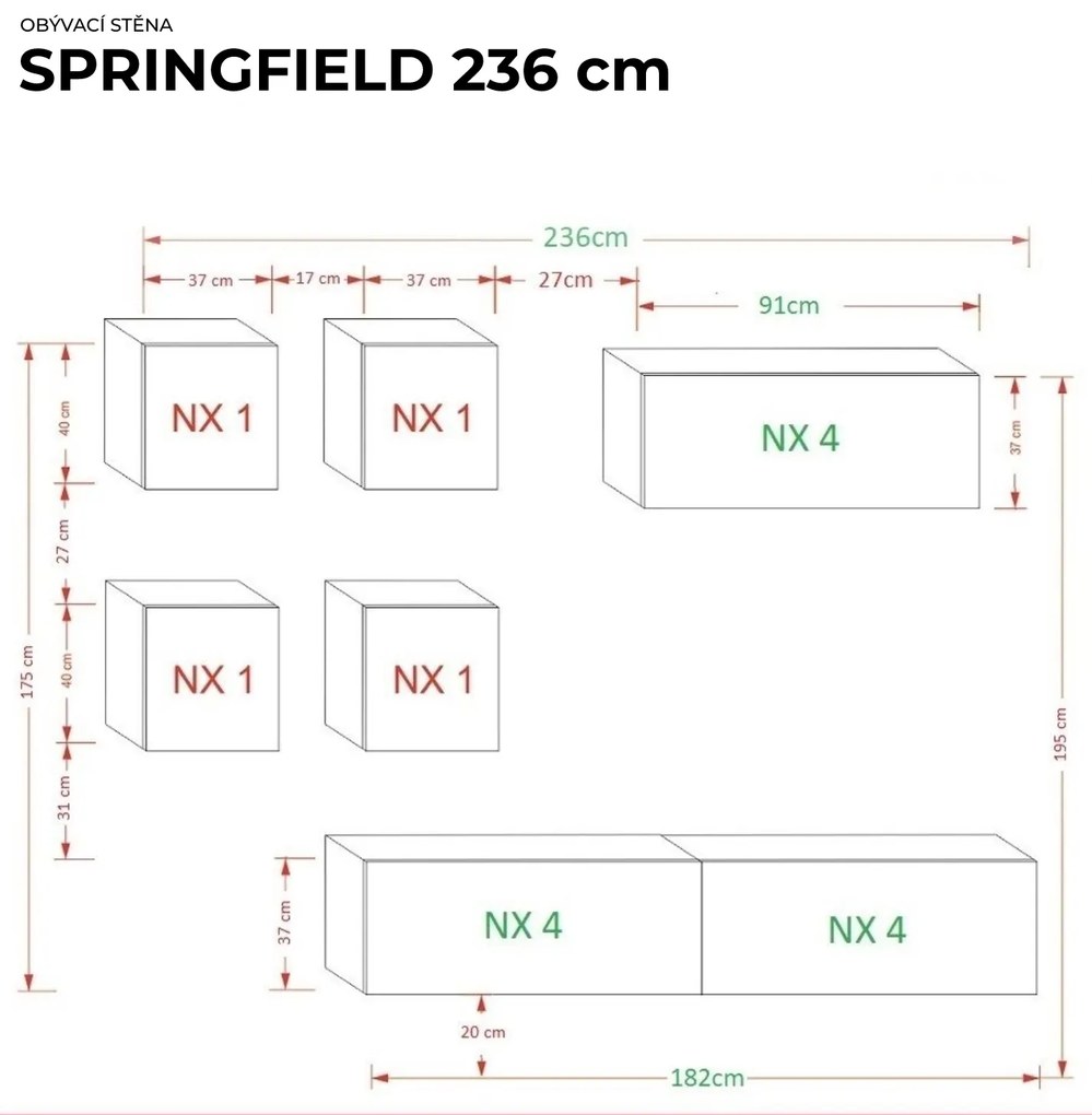 Ral Obývací stěna SPRINGFIELD 10, 236 cm - Bílo/černý lesk