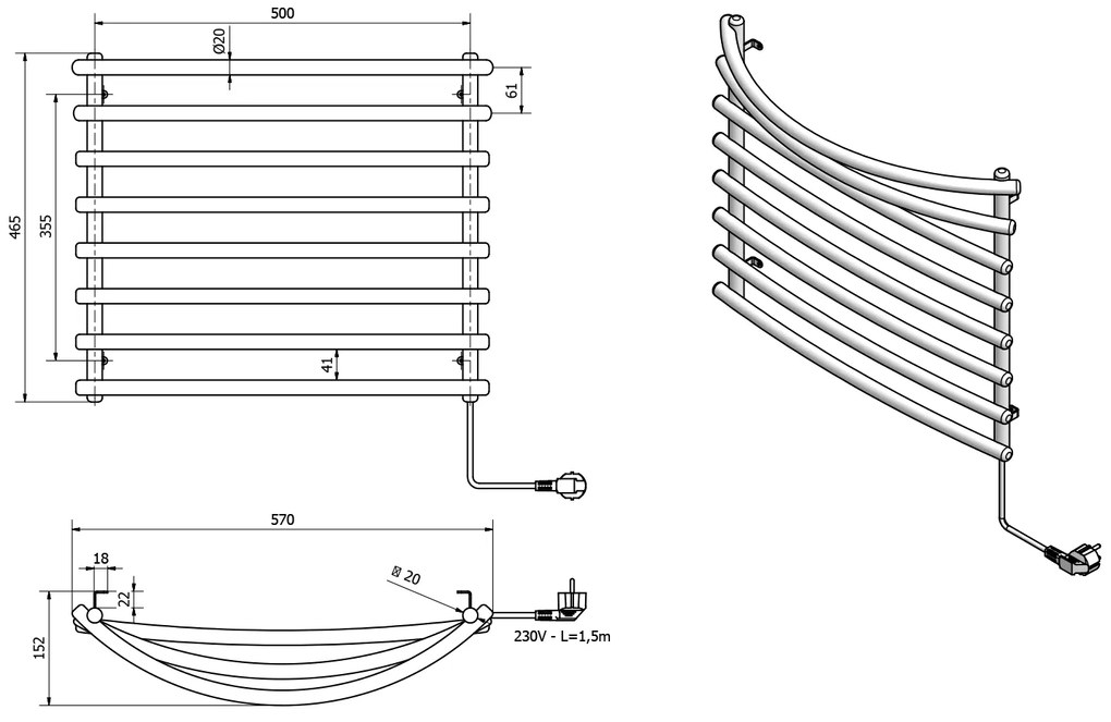 Aqualine, Elektrický sušák ručníků, 570x465 mm, 72 W, šedý hliník - metalíza (RAL9007), SU210A