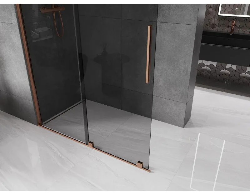 Mexen Velar, sprchová zástěna s posuvnými dveřmi Walk-in 130 x 200 cm, 8mm šedé sklo, růžové zlato, 871-130-000-43-60