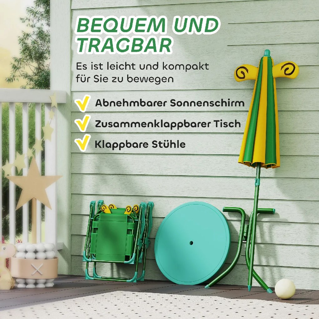 AIYAPLAY Sada zahradního nábytku pro děti, židle, stůl, slunečník, včelí design, zelená+žlutá
