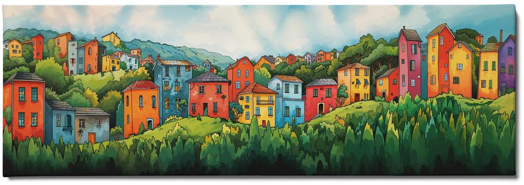 Obraz na plátně -Vesnička Los Pecaros v kopcích FeelHappy.cz Velikost obrazu: 150 x 50 cm