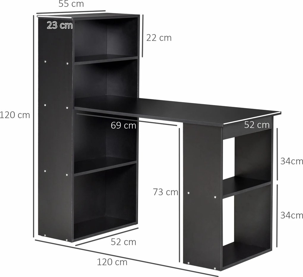 HOMCOM Počítačový stůl s úložným prostorem, 6 otevřenými přihrádkami, počítačový stůl do ložnice, studia, 120 x 55 x 120 cm, černý