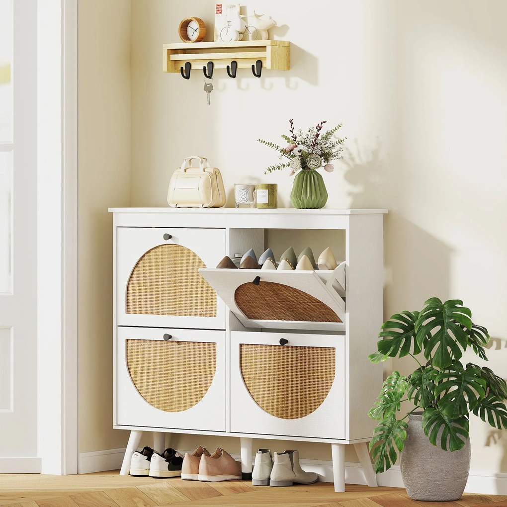 HOMCOM Skříň na boty s 4 skládacími dveřmi, 20 párů, s nastavitelnou policí, bohémský styl, solidní dřevěné nohy 105 x 24 x 97,5 cm Bílá