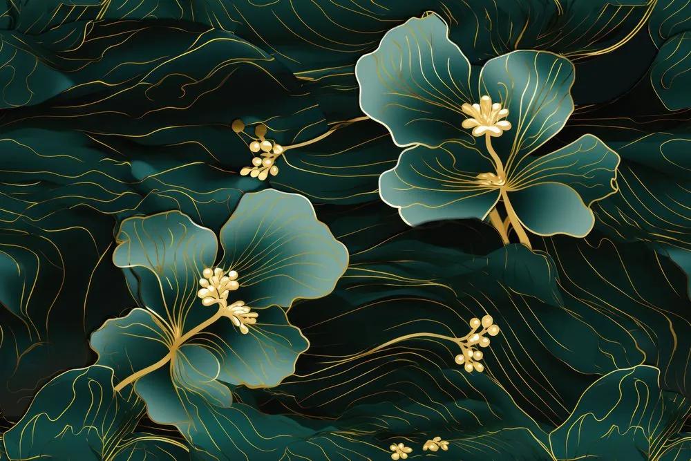 Samolepící tapeta luxusní zeleno-zlatý květ