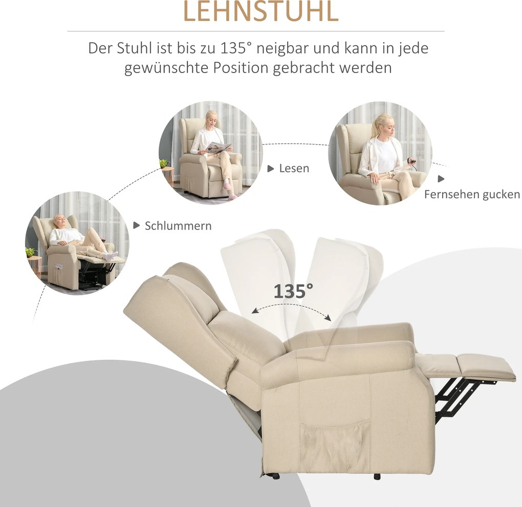 HOMCOM TV křeslo se stojánkem ergonomické elektricky nastavitelné s funkcí polohování 72,5 x 94 x 109 cm krémové barvy pro pohodlné sezení | Aosom.de