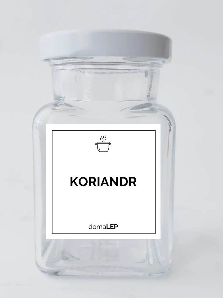 Samolepka na kořenky KORIANDR bílá 5 × 5 cm tučné písmo