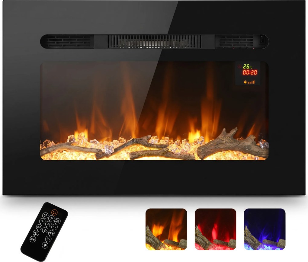 HOMCOM Elektrický krb 60 cm k zabudování nebo na stěnu, 1800W, 24hodinový časovač, nastavitelný plamen, krystaly