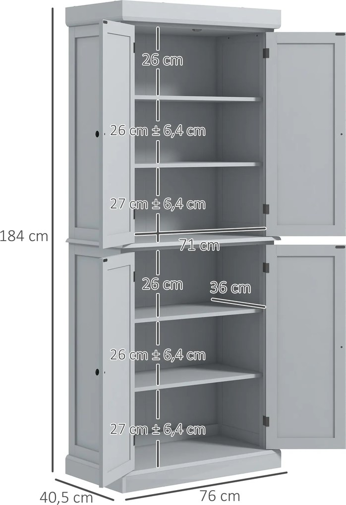 HOMCOM Kuchyňský Skříňový Buffet Skladovací Skříň Moderní Styl s Nastavitelnými Policemi pro Jídelnu a Obývací Pokoj, 76 x 40,5 x 184 cm, Šedá