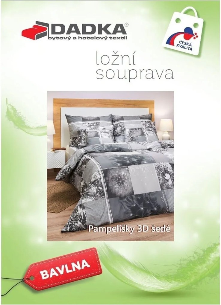 Bavlněné povlečení Pampelišky 3D šedé 140x200, 70x90 cm