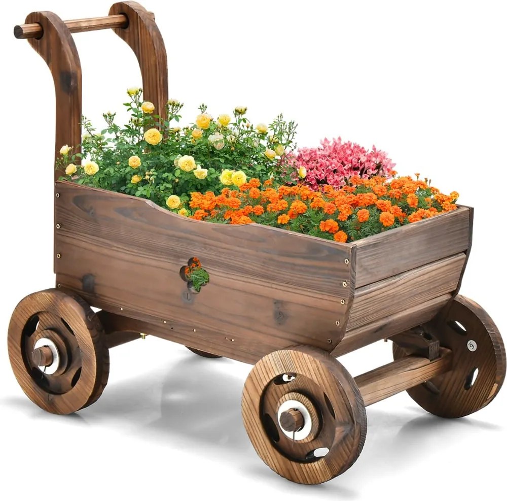 Costway Květinový vozík dřevěný květináč s kolečky – 68 × 38,5 × 53,5 cm, hnědý