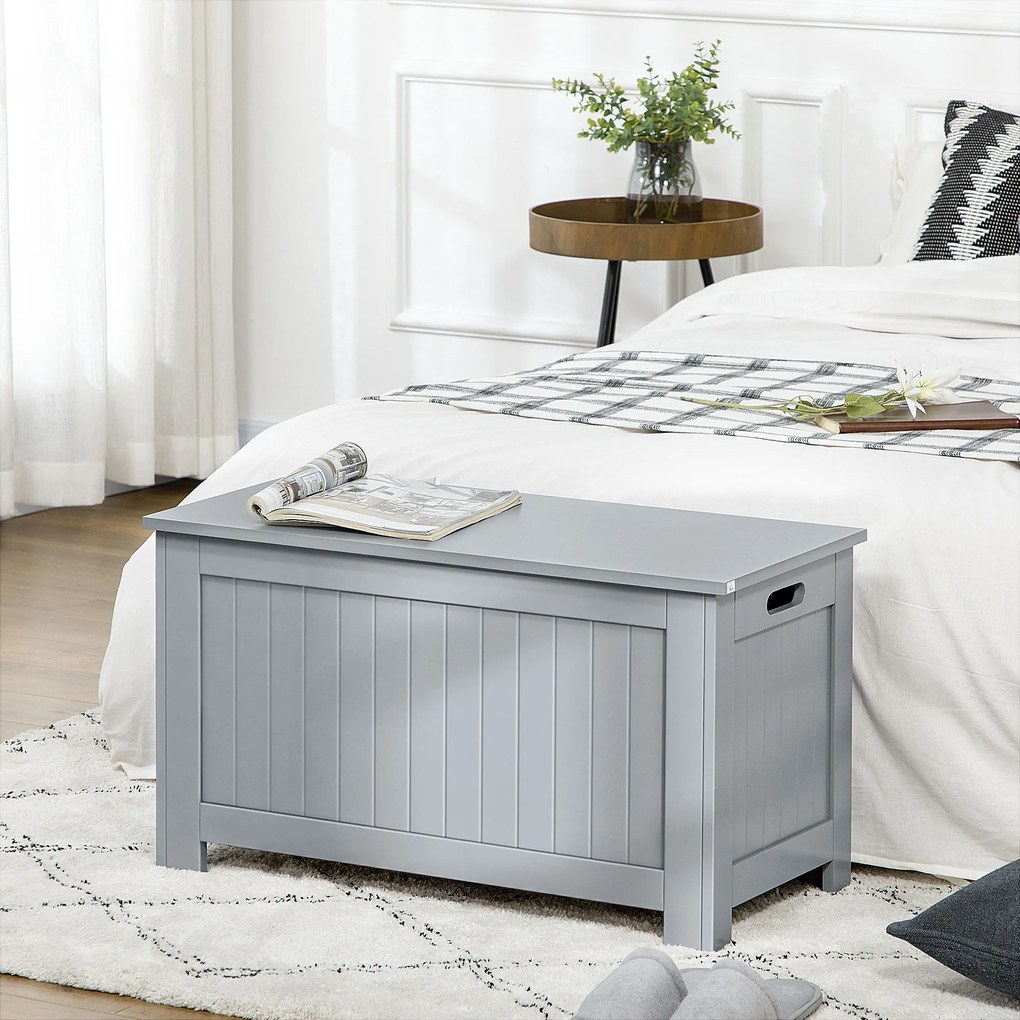 HOMCOM Úložný trunk pro ložnici – Úložná lavice se víkem, multifunkční úložný trunk s bezpečnostním pantem pro chodbu a obývací pokoj 81x40x46 cm Šedá
