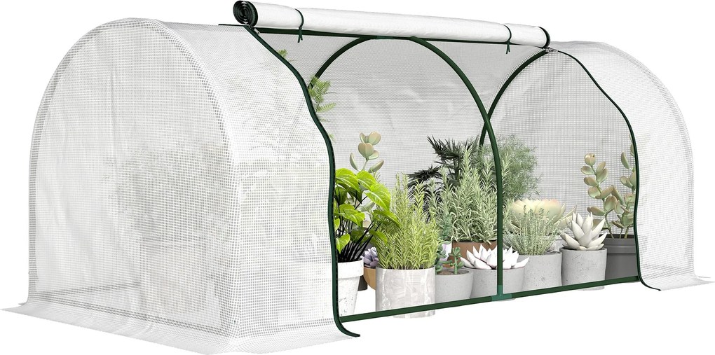 Outsunny skleník z PE s vyztuženou fólií — mrazuvzdorný ocelový tunel pro balkon a zahradu, 200 × 100 × 80 cm — bílý | Aosom