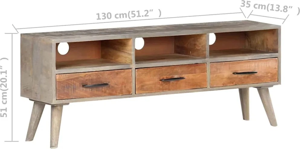 TV stolek šedý 130 x 35 x 51 cm masivní hrubý mangovník 321805