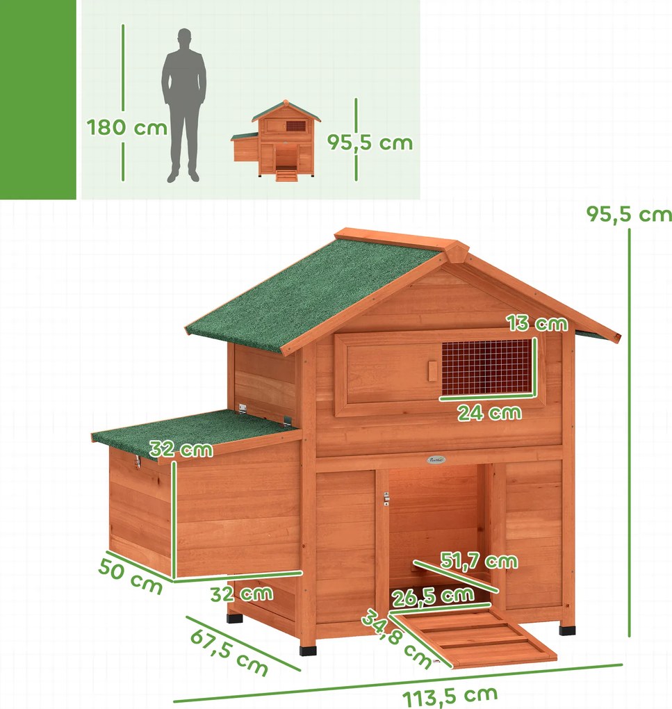 PawHut Kurník Dřevěný kurník s hnízdním boxem 2 bidýlka Rampa Okno Vodotěsná střecha 113,5x67,5x95,5 cm Oranžová barva