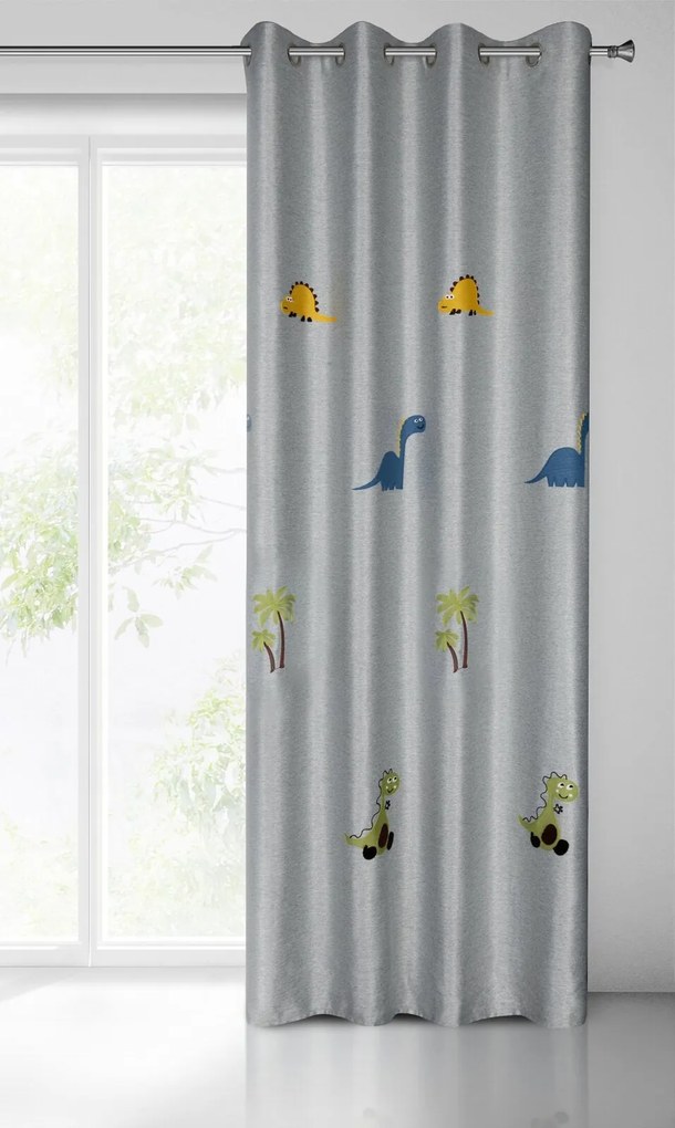 DĚTSKÝ ZÁVĚS NA KROUŽCÍCH DINO 140X250 CM STŘÍBRNÁ