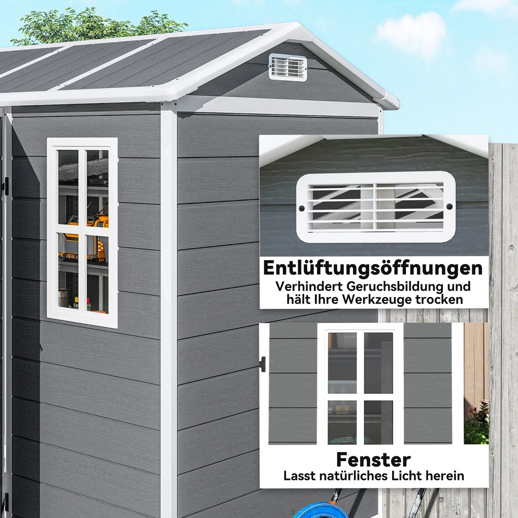 Outsunny Plastový Kůlna na Nástroje 2,1m² 186 x 130 x 199cm Zahradní Kůlna s Šikmou Střechou, Podlahou, Okénkem, Zámkem a Odolností proti Počasí pro …