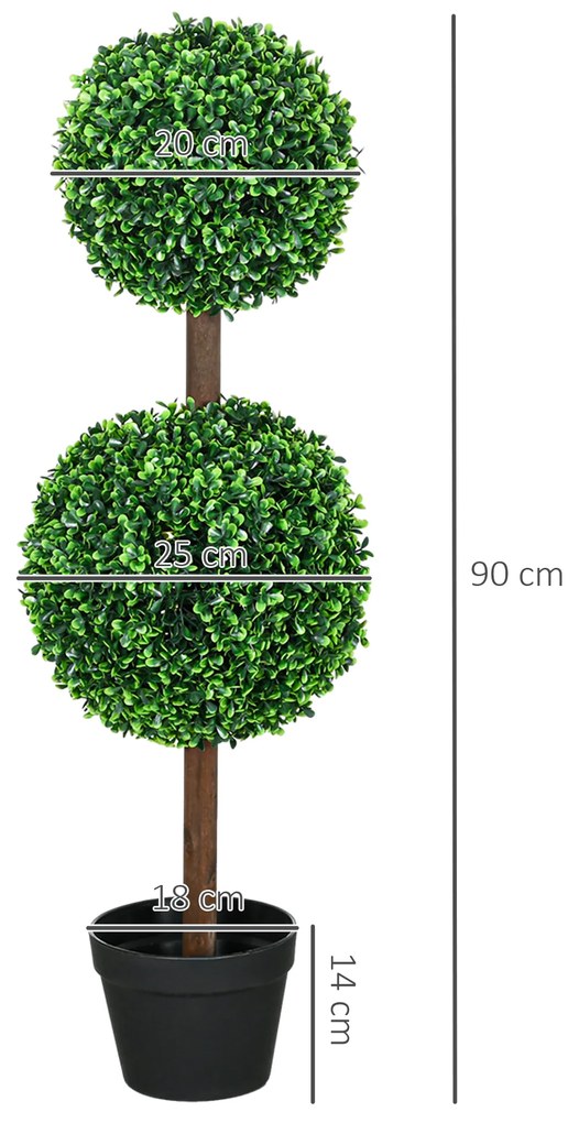 HOMCOM Umělé rostliny, sada 2 ks zimostráz, 90 cm umělá rostlina s dvojitou koulí, pokojová rostlina odolná proti UV záření, umělý strom, rostlinná d…