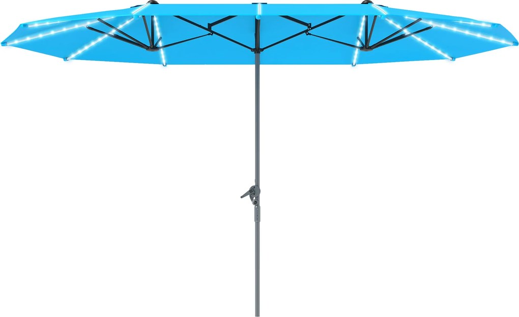 Dvojitý slunečník Outsunny se solárními LED světly 451x267 cm, hliník, UV 50+, slunečník s kličkou, sklolaminátová žebra, větruodolný slunečník pro ba