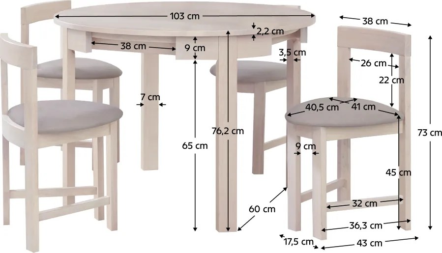 Jídelní set 1+4, masivní dřevo, bílá vzor dřevo/sivobéžová, DOMIO