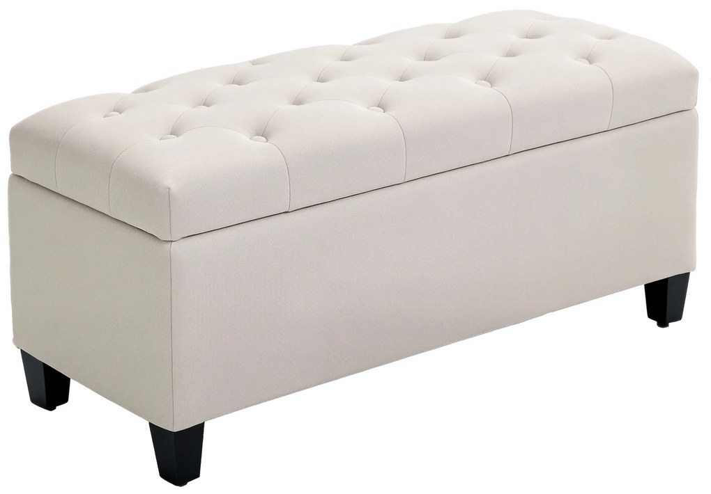 HOMCOM Lavice Čalouněná lavice s úložným prostorem, truhla, polyester podobný lnu, kaučukové dřevo, krémově bílá, 100 x 40 x 44 cm| Aosom