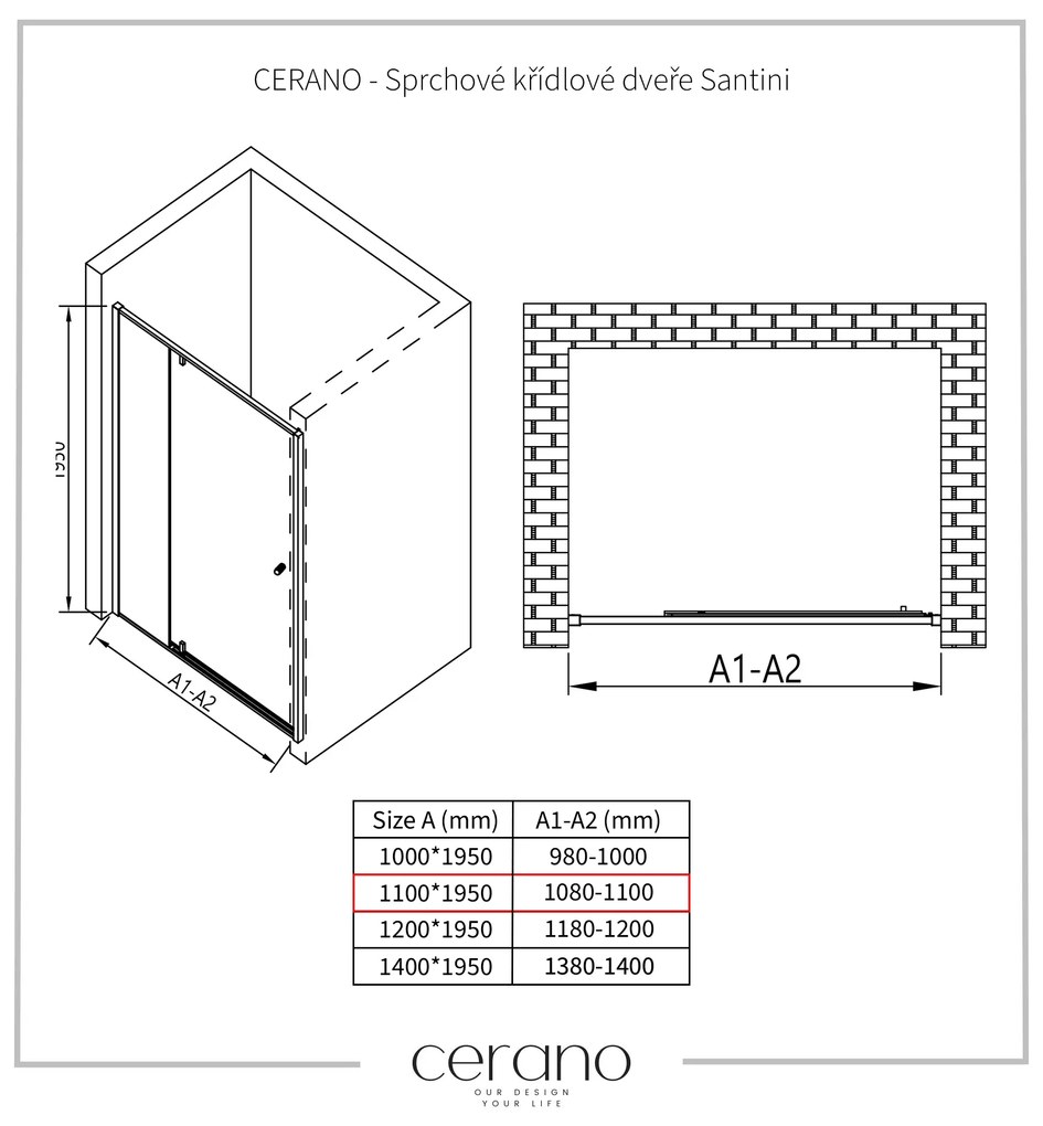 CERANO - Sprchové křídlové dveře Santini L/P - chrom, transparentní sklo - 110x195 cm