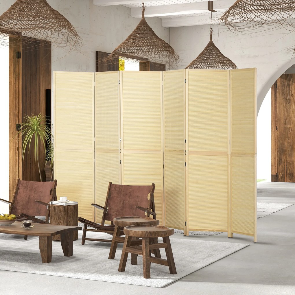HOMCOM Bambusový pokojový paravan 6 panelů 270 x 180 cm skládací dělicí stěna - Přírodní