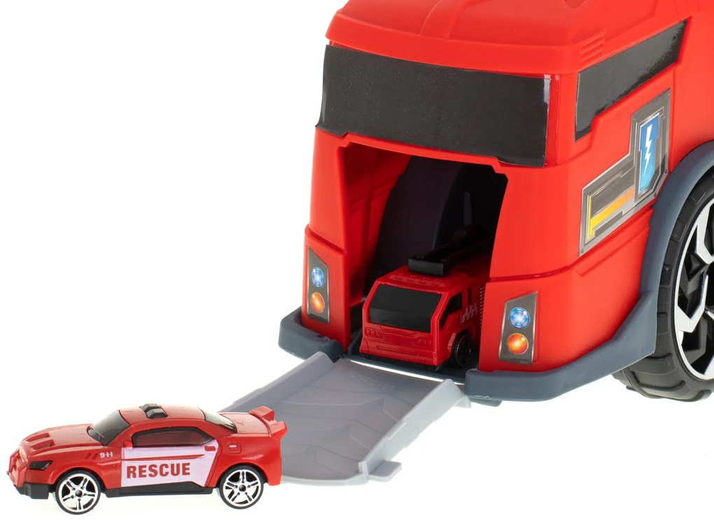 Creative Corner Transportér TIR 2v1 parkovací garáž hasiči + 3 auta červená