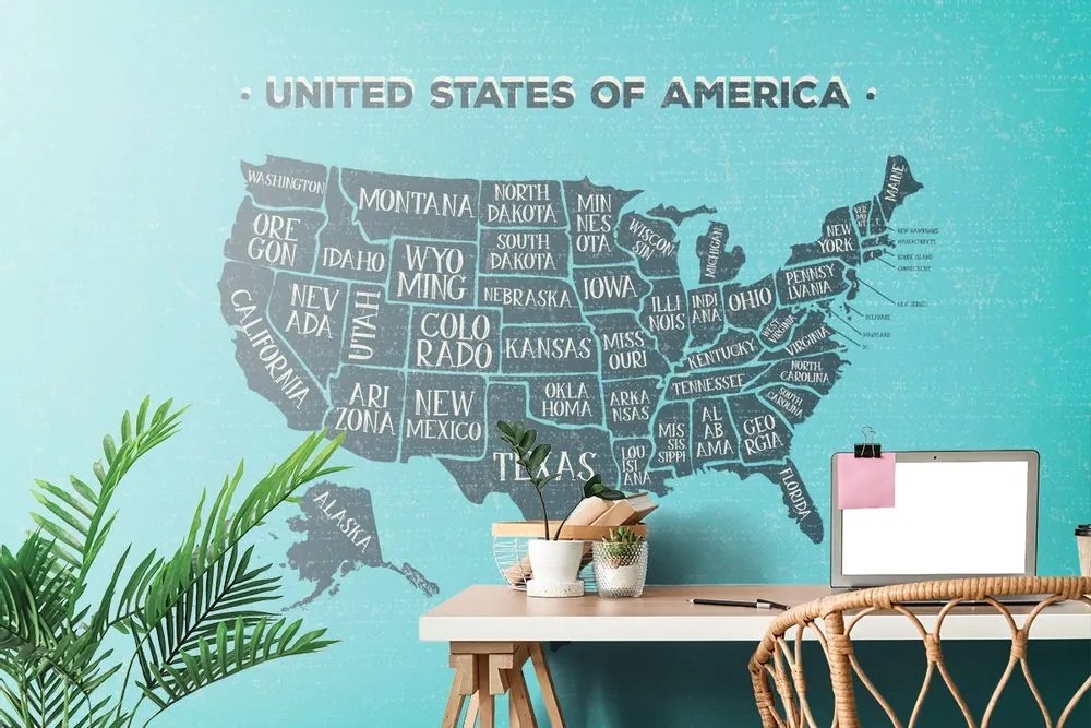 Tapeta naučná mapa USA s modrým pozadím - 150x100 cm