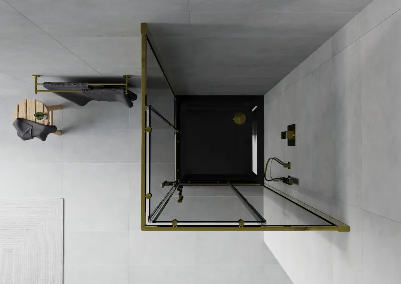 Mexen Rio, čtvercový sprchový kout s posuvnými dveřmi 90 (dveře) x 90 (dveře) x 190 cm, 5mm šedé sklo, zlatý profil + černá sprchová vanička SLIM, 860-090-090-50-40-4070G