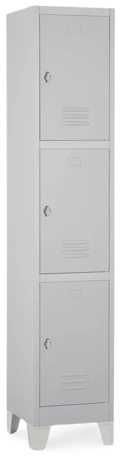 Kovová šatní skříňka - 3 boxy, 38 x 45 x 195 cm, pevné nohy, otočný zámek, světle šedá - ral 7035