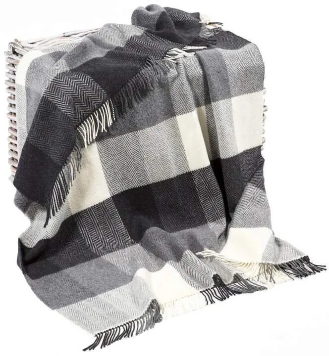 Deka Merino vlna / kašmír White Grey Herringbone Block Check 180 x 136 cm John Hanly