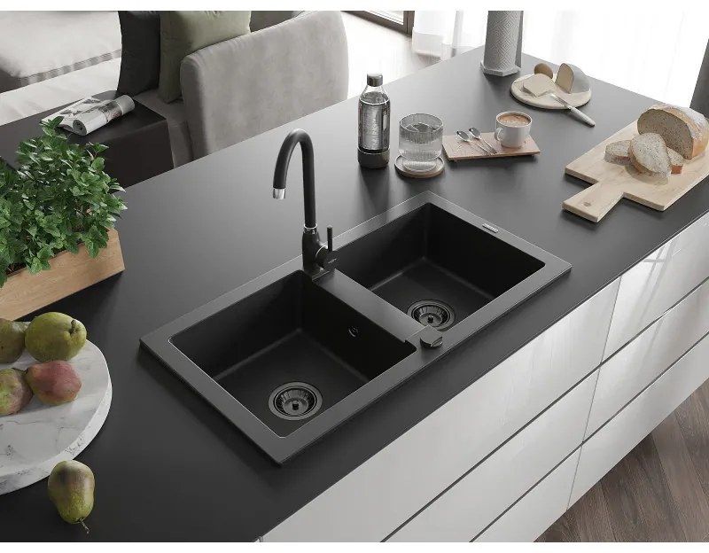 Mexen Mario, granitový dřez 820x436x161 mm, 2-komorový, černá s černým sifonem, 6504822000-77-B