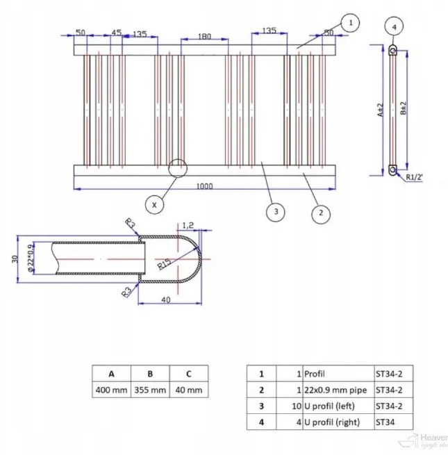 Erga Puerto, topné těleso 1000x400 mm, 393W, černá matná, ERG-LAV-GRZE-BK-40100