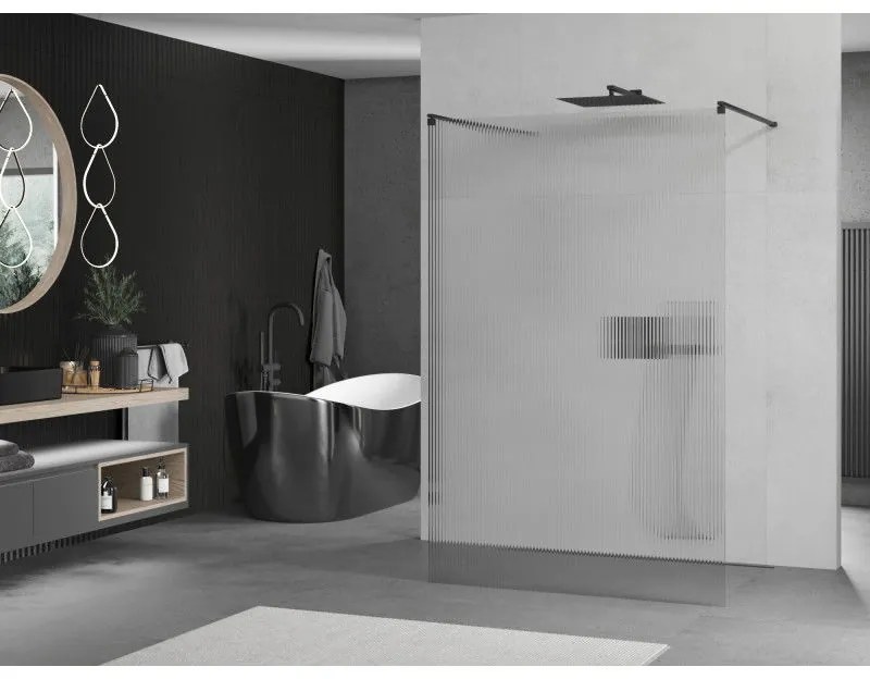 Mexen Kioto, sprchová zástěna Walk-In 110 x 200 cm, 8mm sklo s žebrovým vzorem, černý profil, 800-110-002-70-09